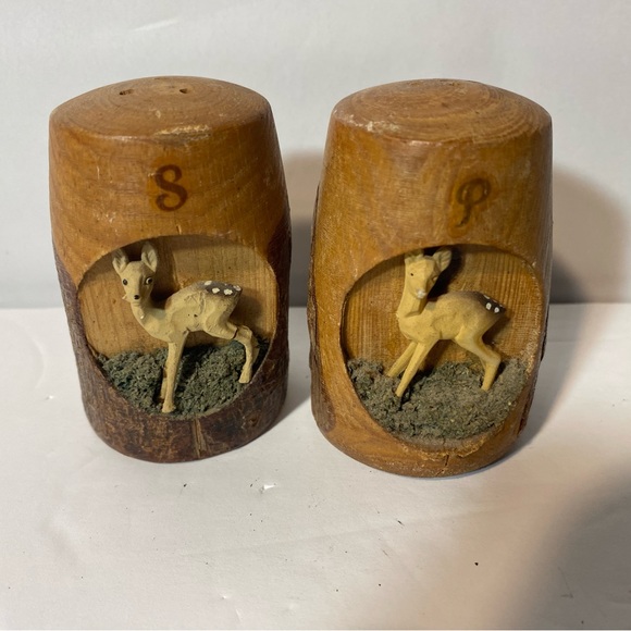 Other | Vintage Natural Cedar Wood Carved Salt Pepper Shakers Deer Fawn ...